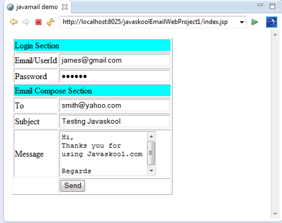 javaskool.com - J2EE JavaMail 1.5 : Sending mail using Web Application